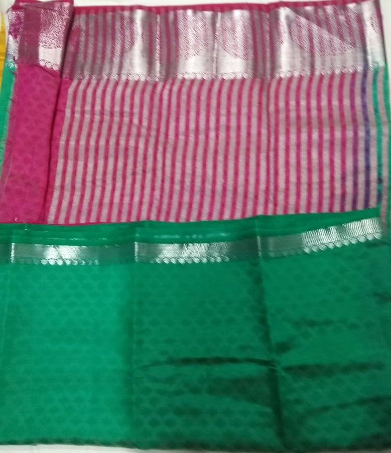 33038 Semi Raw Silk Body emboss Pink silver border with Green colour b ...